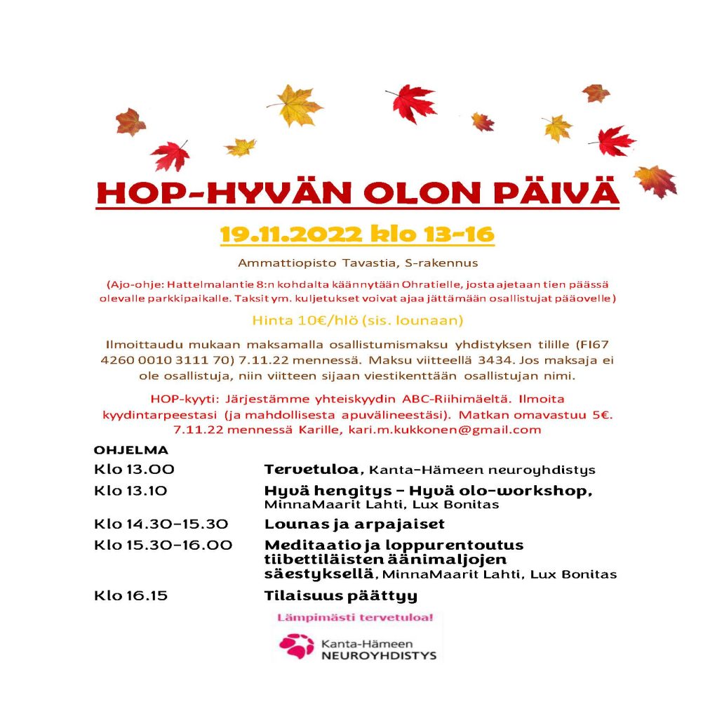 HOP- Hyvän Olon Päivä 19.11.2022 Kanta-Hämeen neuroyhdistys